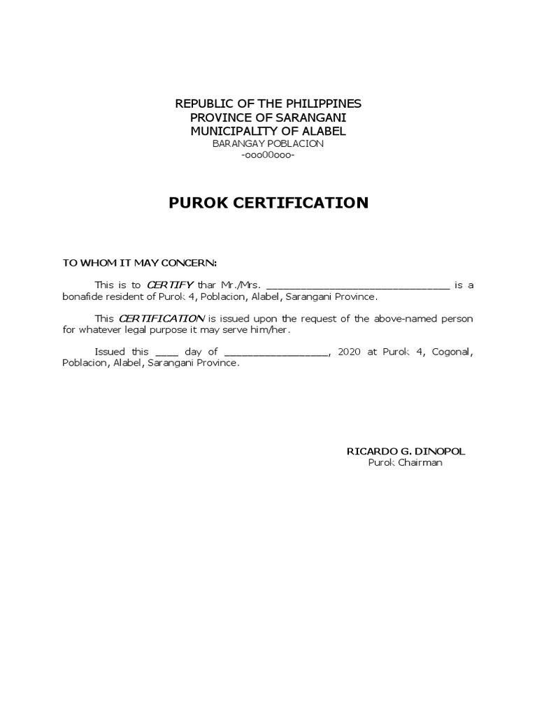 Purok Certification: Republic of The Philippines Province of Sarangani ...