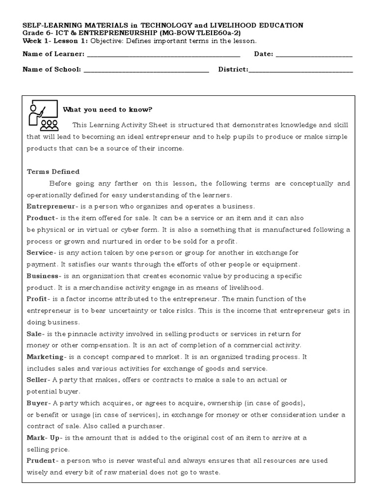 Worksheet in Tle 6 - MG Template - Ict Week 1 | PDF | Sales | Factors ...