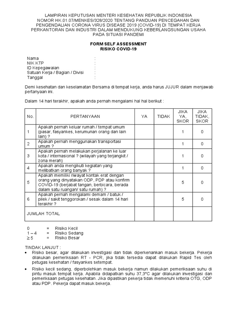 Form Self Assessment Covid-19 | PDF | Kesehatan Holistik