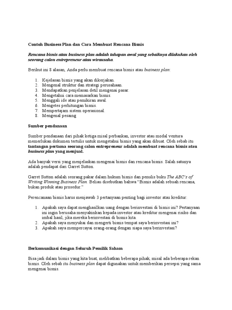 Contoh Business Plan Dan Cara Membuat Rencana Bisnis | PDF