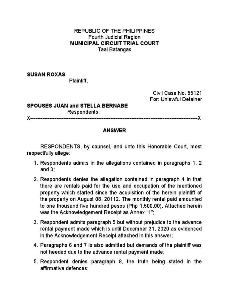 Answer Unlawful Detainer | PDF | Lawsuit | Public Law