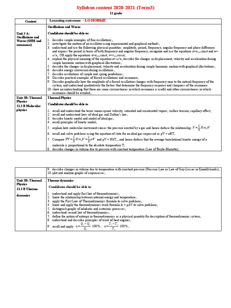 Syllabus Content 2020-2021 (Term3) : Learning Outcomes | PDF | Gases | Resonance