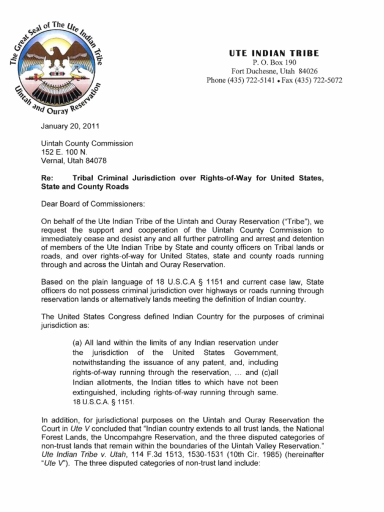 Ute Tribe Jurisdiction Letter | PDF | Indian Reservation | Easement