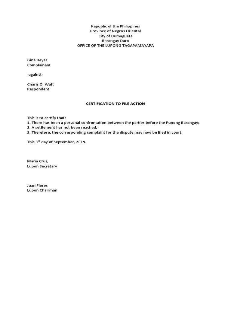 Barangay Certification to File Action | PDF