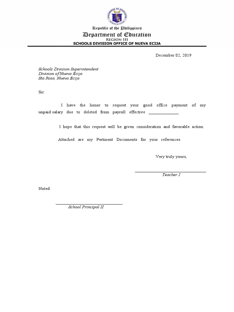 Letter Request-Unpaid Salary Due To Deletion From The Payroll | PDF