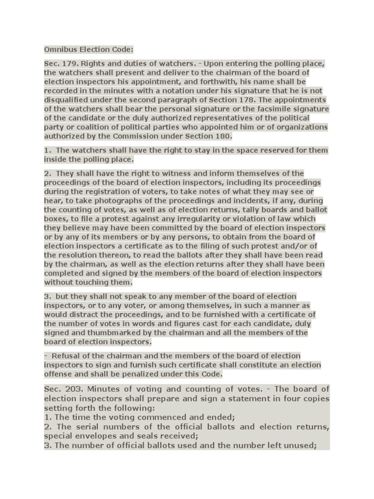 Omnibus Election Code | PDF | Elections | Polling Place