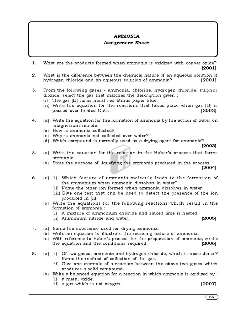 Ammonia Assignment Sheet | PDF | Ammonia | Chemical Reactions