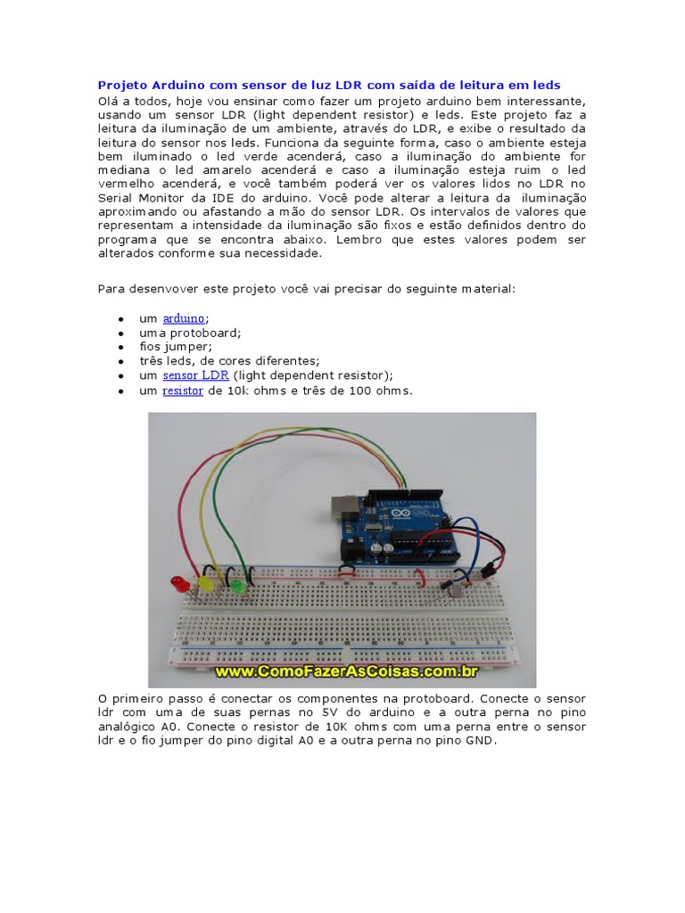 Projeto Arduino Com Sensor de Luz LDR Com Saída de Leitura em Leds ...