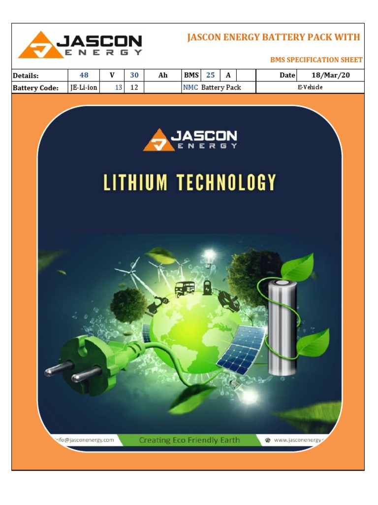 JASCON ENERGY 48V 30Ah lithium-ion battery pack and BMS specification ...