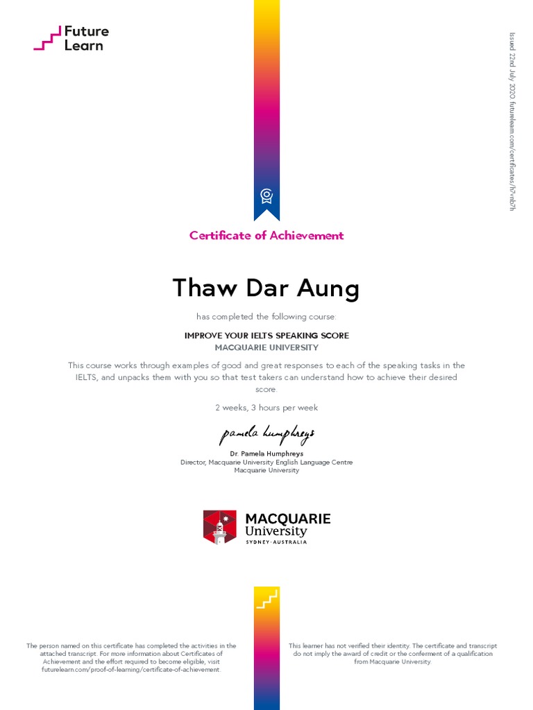 Thaw Dar Aung: Certificate of Achievement | PDF | International English ...
