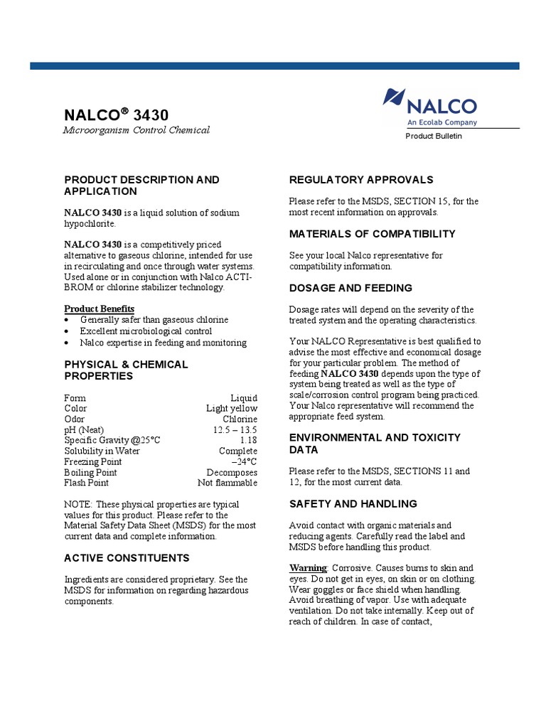 Nalco 3430: Microorganism Control Chemical | Download Free PDF ...