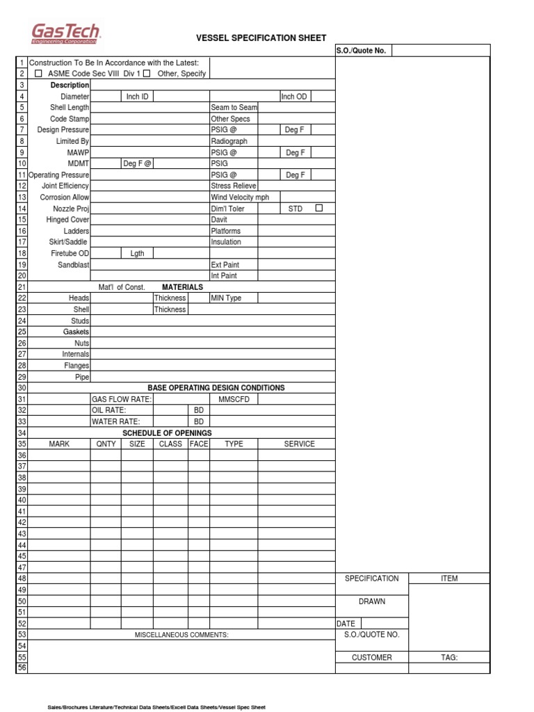 Vessel Spec Sheet | PDF | Plumbing | Civil Engineering