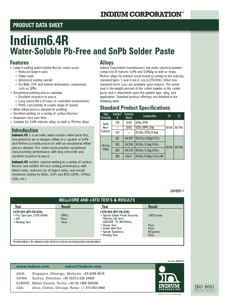Indium6.4R: Water-Soluble Pb-Free and SNPB Solder Paste | PDF ...