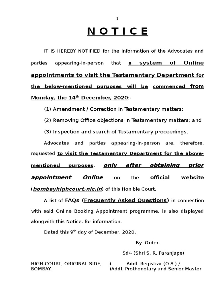 Notice: System of Online Appointments To Visit The Testamentary ...
