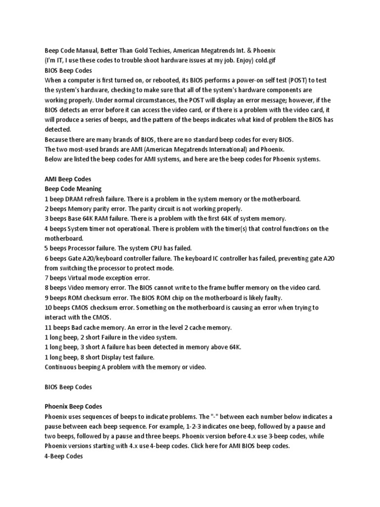 Beep Code Manual | PDF | Microcomputers | Bios