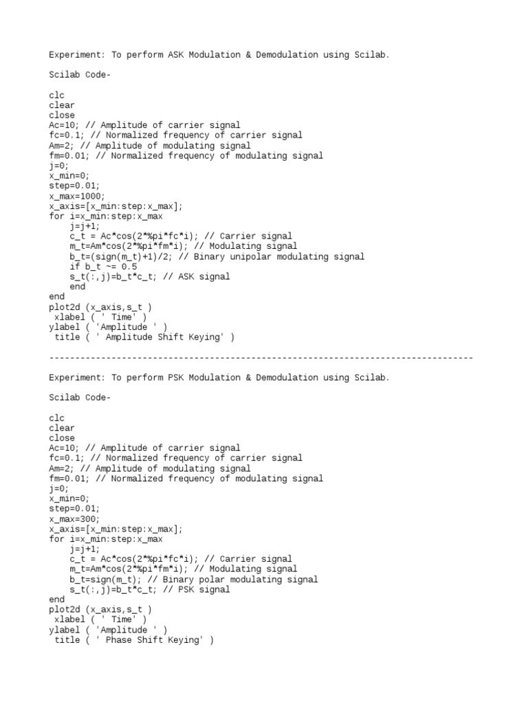 Digital Communication Lab Scilab Program Ask FSK PSK | PDF | Modulation | Frequency Modulation