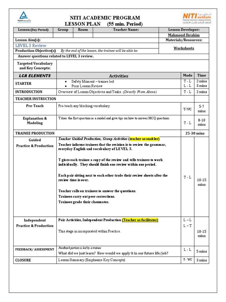 Reviewing Level 3: A Comprehensive Lesson Plan Focusing on Grammar ...