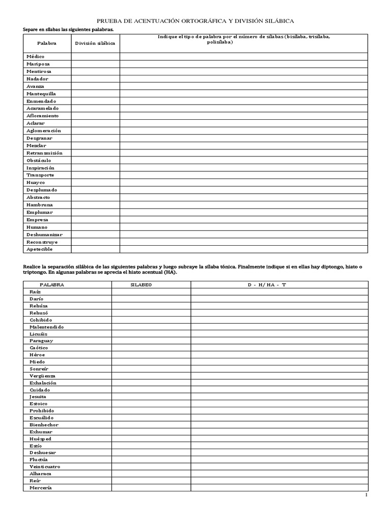Examen de Acentuación Ortográfica y División Silábica | PDF | Voz ...