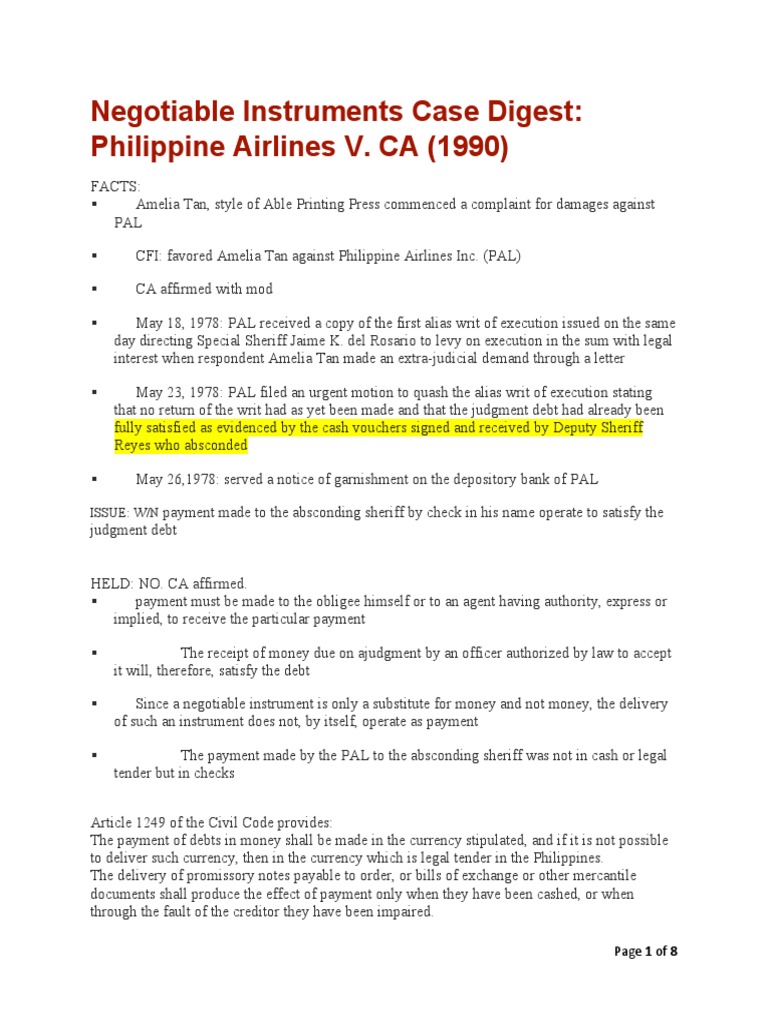 Negotiable Instruments Case Digest: Philippine Airlines V. CA (1990) | PDF