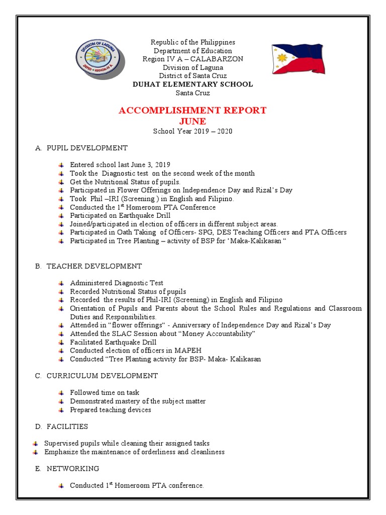 Duhat Elementary School Accomplishment Report | PDF | Teachers | Curriculum