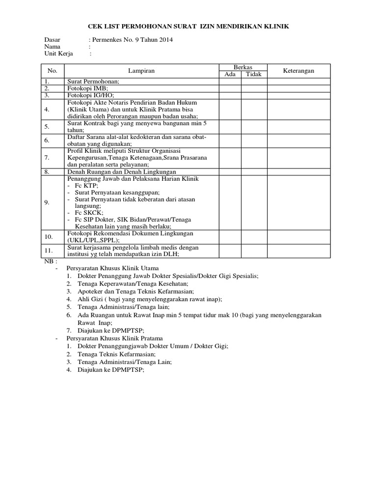 Cek List Permohonan Simklinik | PDF