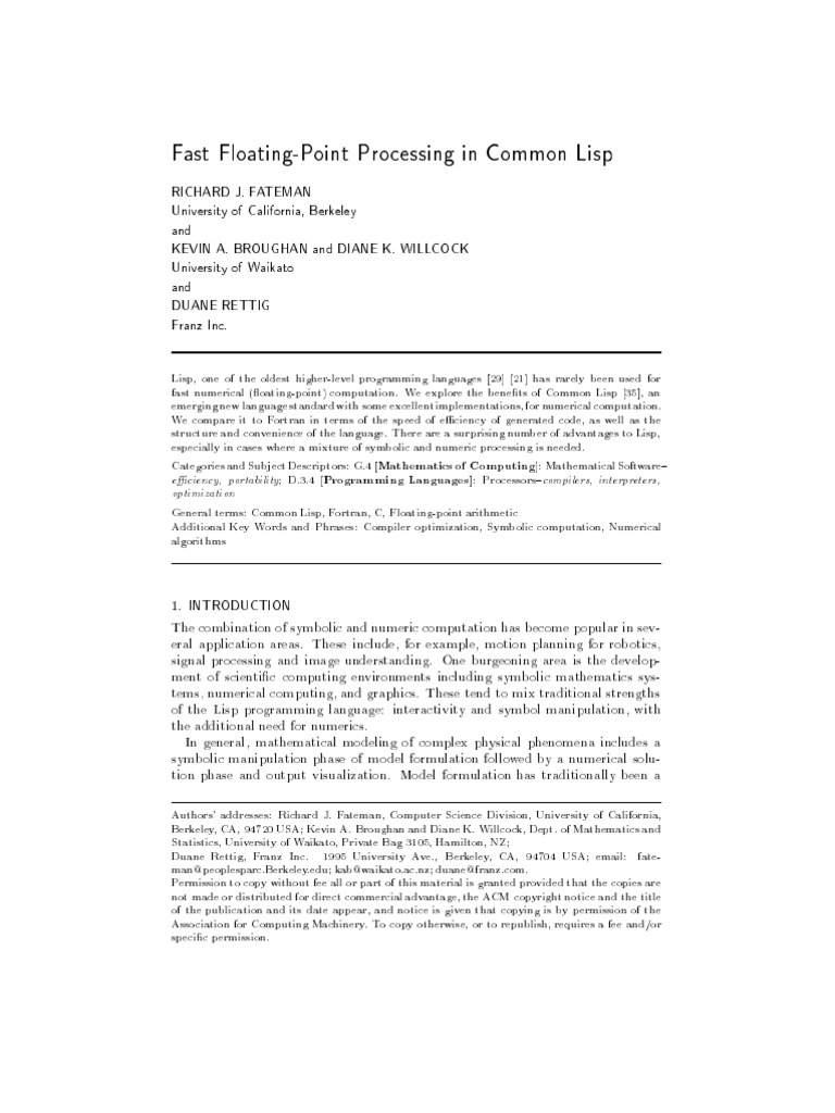 Fateman Et Al - Fast Floating-Point Processing in Common Lisp | PDF ... Fateman Et Al - Fast Floating-Point Processing in Common Lisp | PDF ...