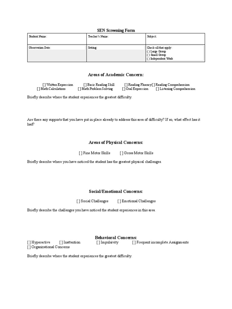 Teacher's SEN Form | PDF | Autism Spectrum | Mental Health