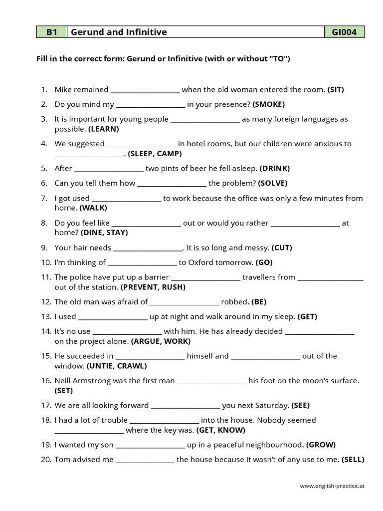 B1 Gerund and Infinitive GI004: Fill in The Correct Form: Gerund or ...