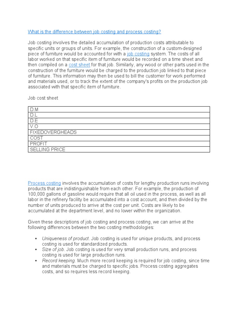 What Is The Difference Between Job Costing And Process Pdf Output