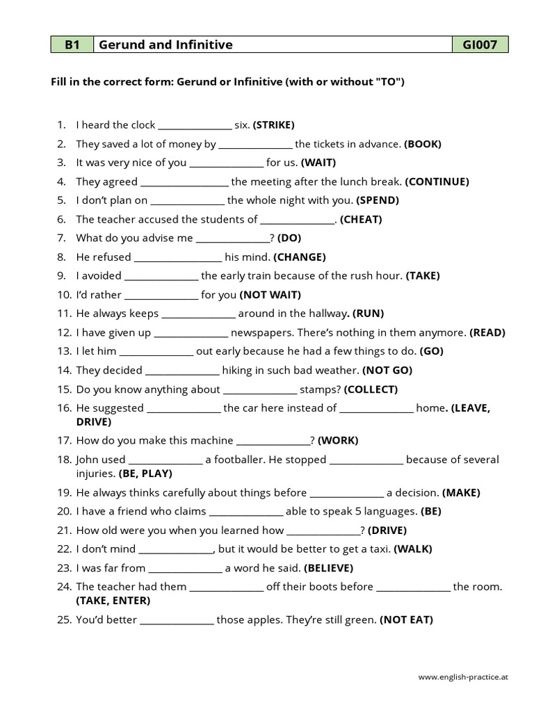 B1 Gerund and Infinitive GI007: Fill in The Correct Form: Gerund or ...