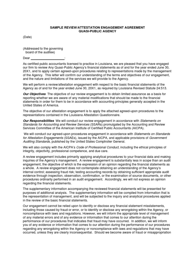 Sample Review/Attestation Engagement Agreement Quasi-Public Agency ...
