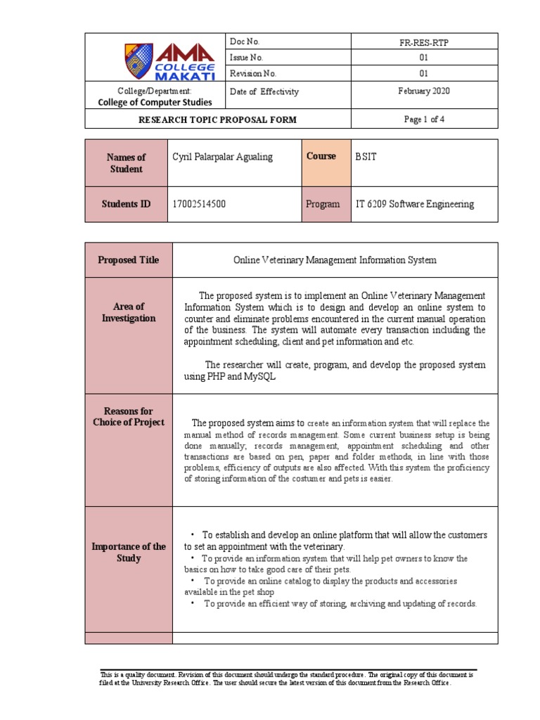 Title Proposal - Online Veterinary Management Information System | PDF ...