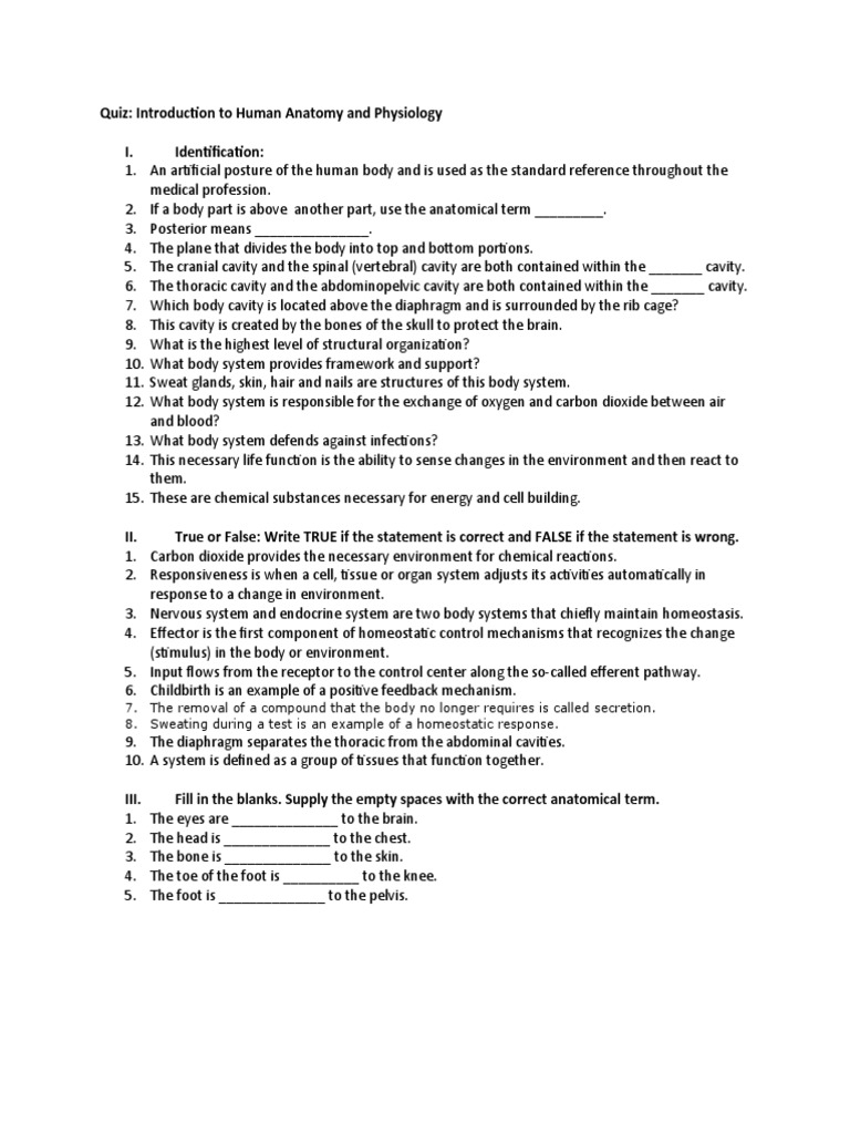 Quiz Intro To Human Anatomy and Physiology | PDF | Human Body ...