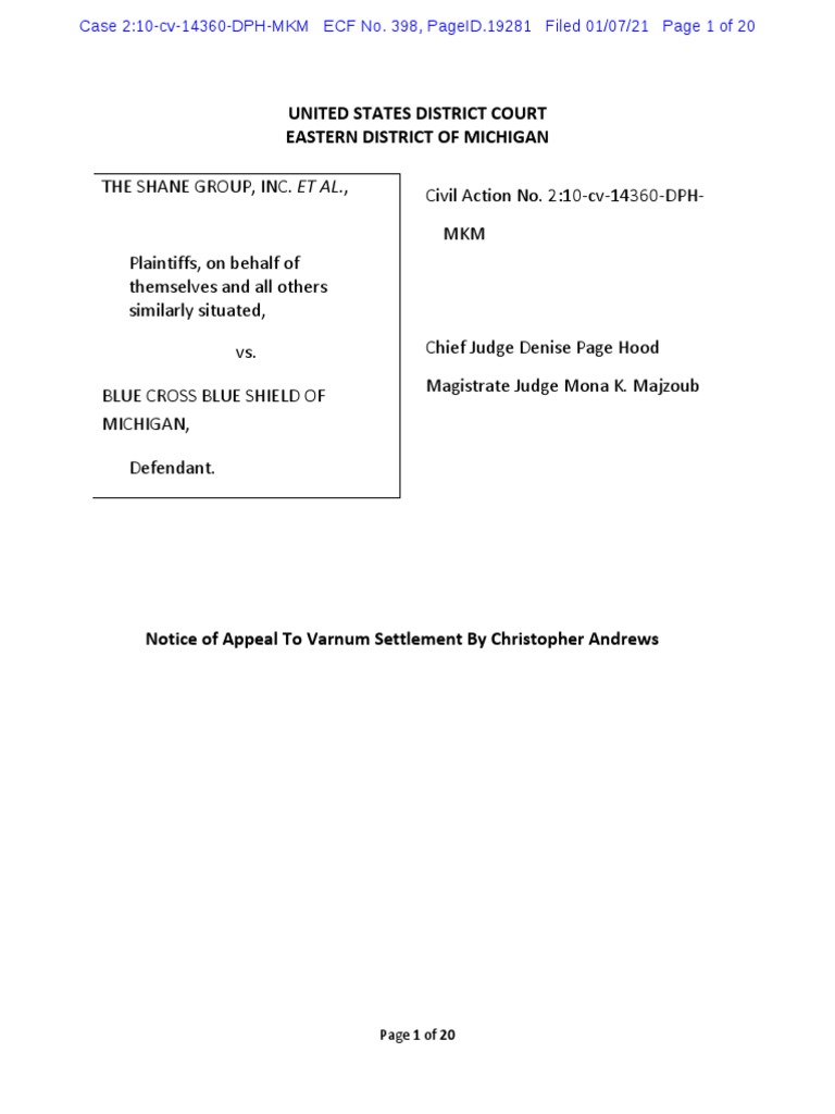 Shane v. Blue Cross - Notice of Appeal Varnum Deal | PDF | Class Action ...