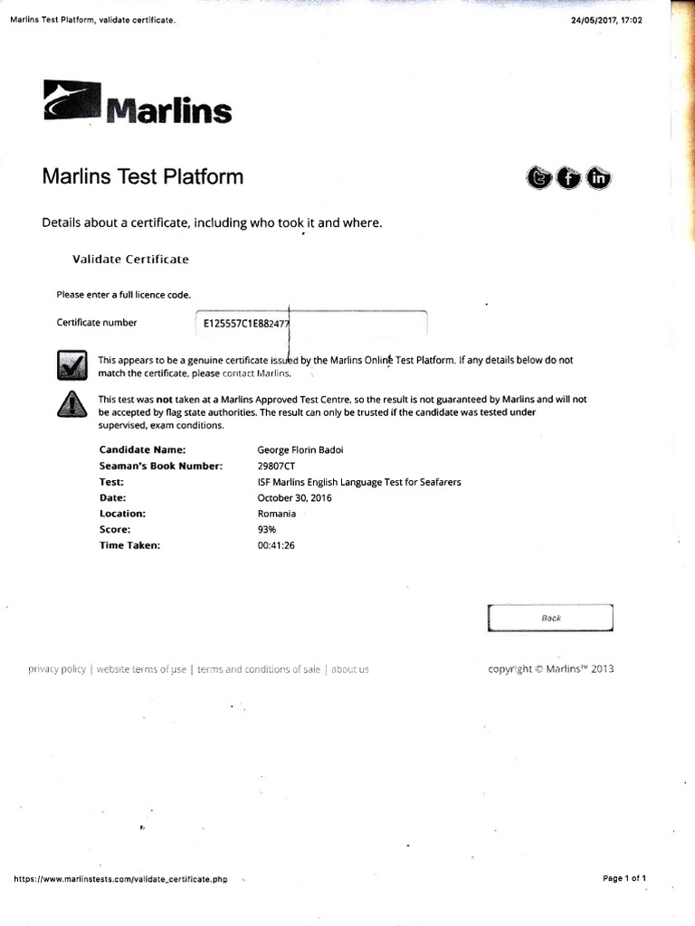 Marlins Certificate Validation Guide | PDF