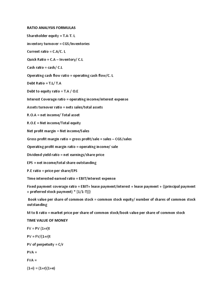 Ratio Analysis Formulas | PDF