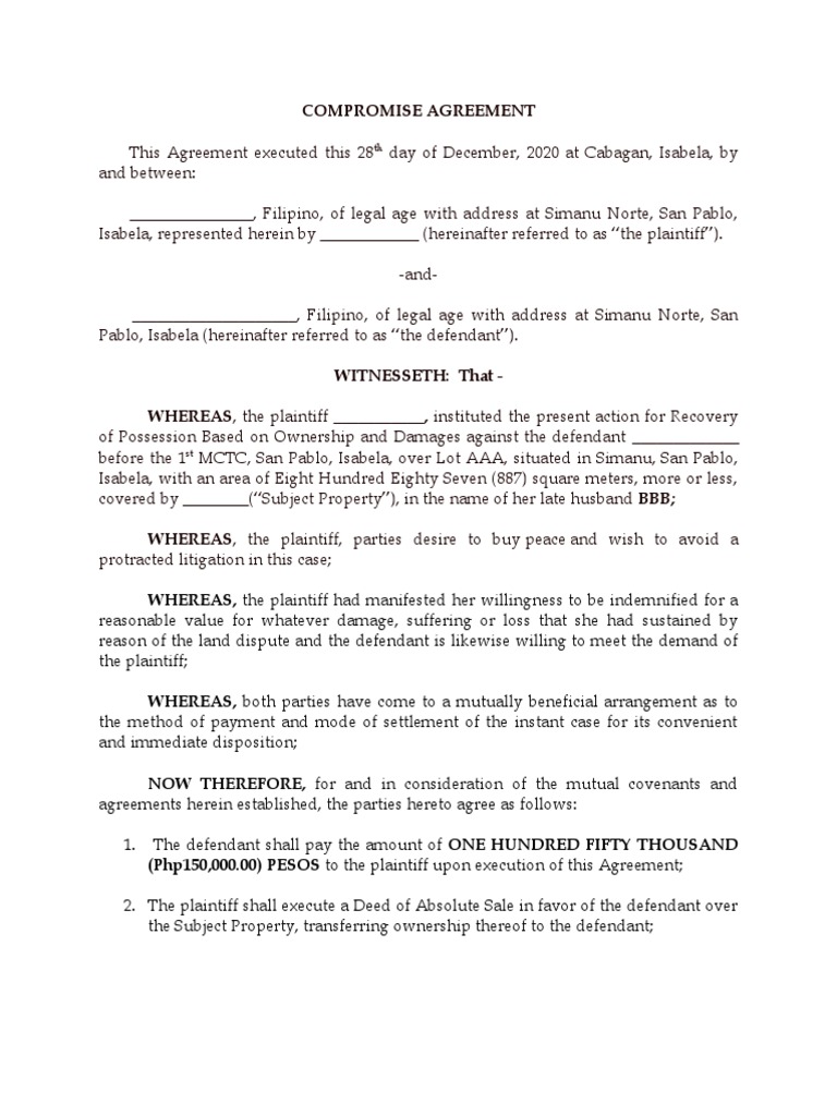 Compromise Agreement for Land Dispute | PDF | Deed | Civil Law (Common Law)