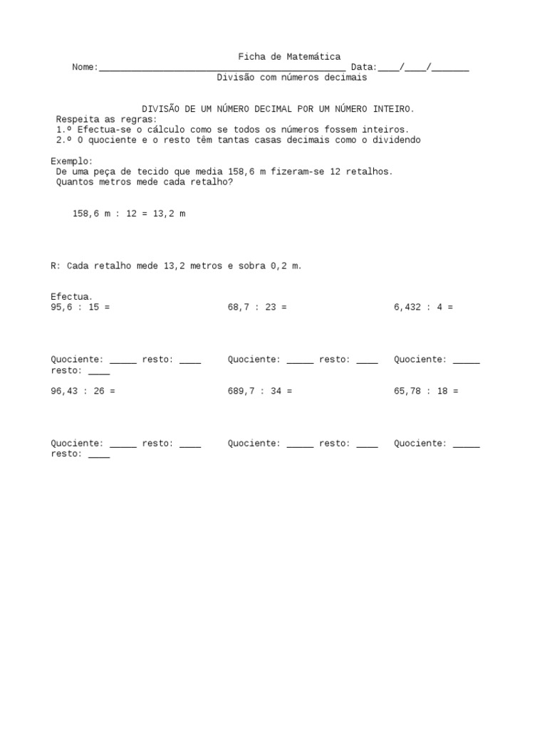Divisao Numeros Decimais | PDF | Divisão (Matemática) | Teoria dos Anéis
