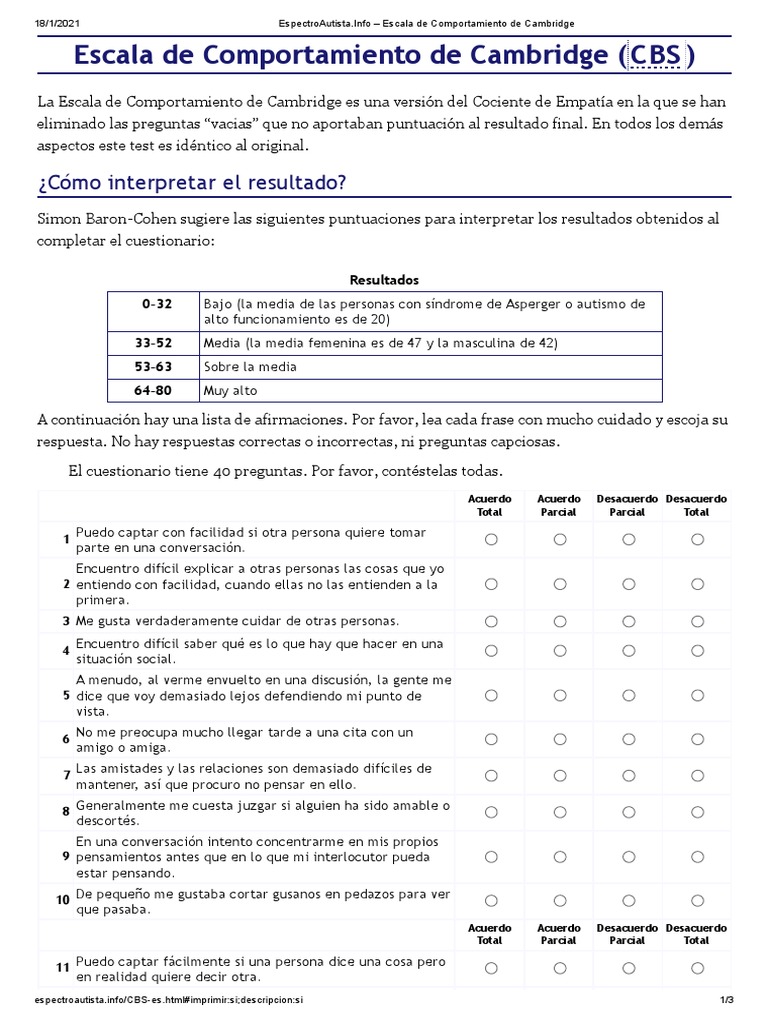 EspectroAutista - Info - Escala de Comportamiento de Cambridge | PDF ...