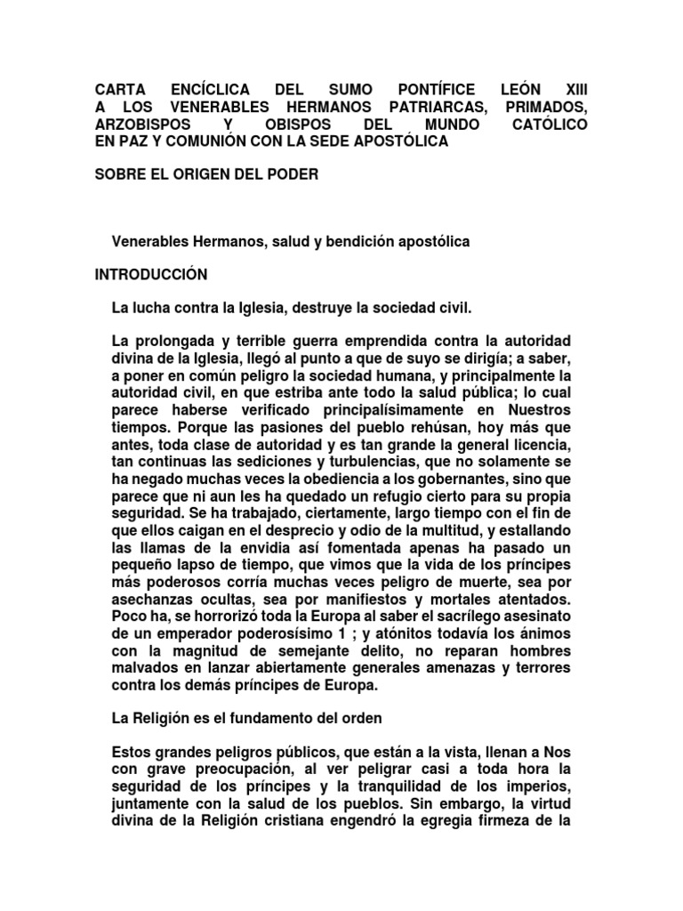 León Xiii - Sobre El Origen Del Poder | PDF | Iglesia Católica | Dios
