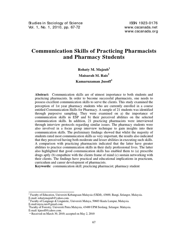 Communication Skills of Practicing Pharmacists and Pharmacy Students ...
