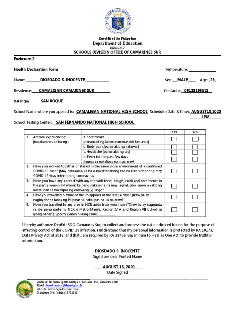Health Declaration Form for Schools | PDF | Medicine | Clinical Medicine