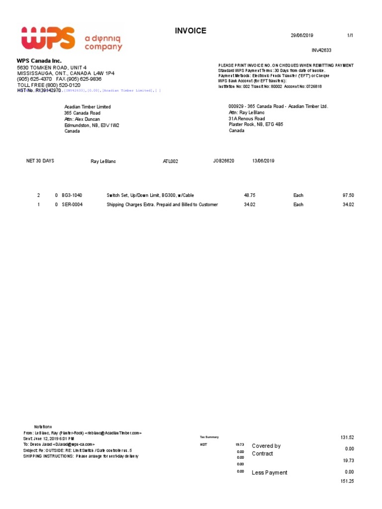 Invoice: WPS Canada Inc | PDF | Payments | Cheque