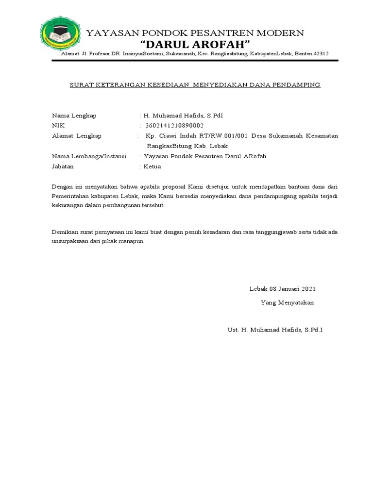 Surat Ketersediaan Dana Pendamping | PDF