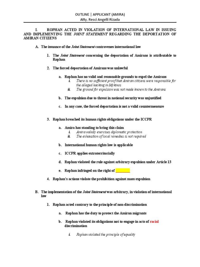 Outline - Applicant (Amira) Atty. Resci Angelli Rizada | PDF ...