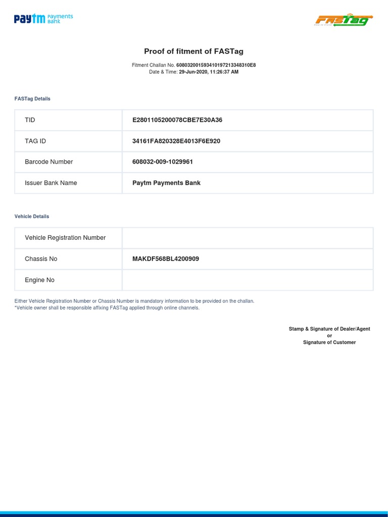 FASTag Fitment Certificate Details | PDF