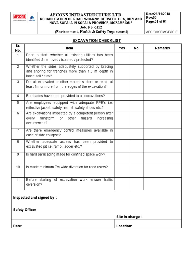 Excavation Checklist | PDF | Personal Protective Equipment | Labor ...