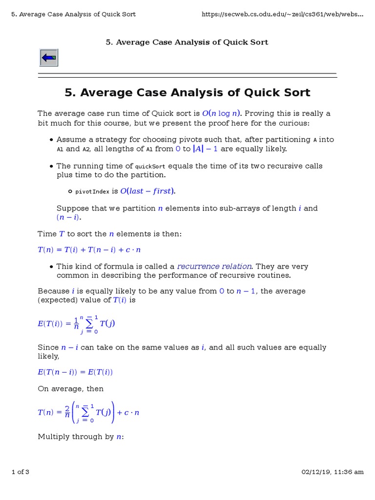 Average Case Analysis Of Quick Sort Pdf Discrete Mathematics Mathematical Objects