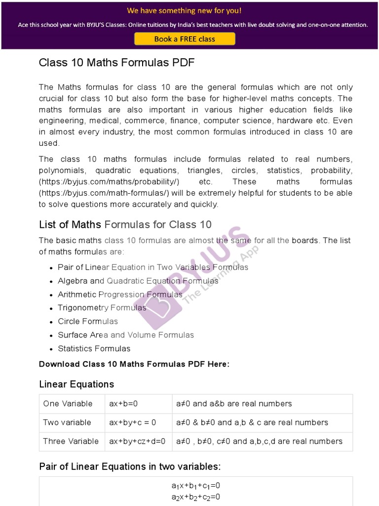 Class 10 Maths Formulas PDF Guide | PDF | Area | Trigonometric Functions