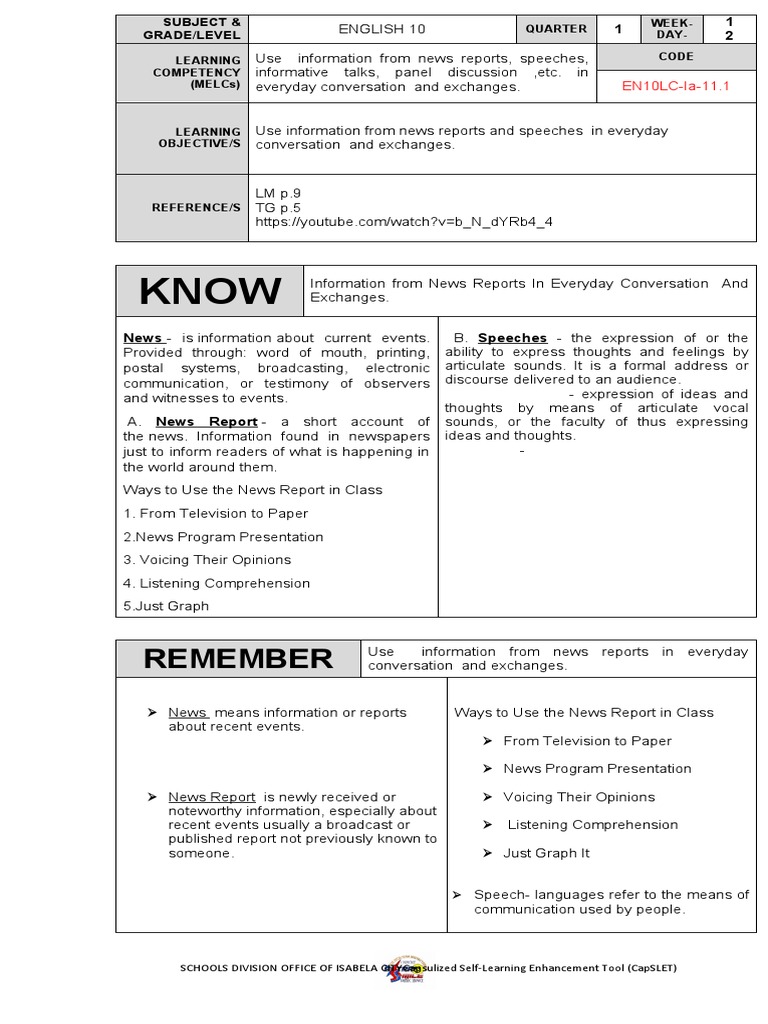 ENG10Q1W1 - (Code 1b) EN10LC-Ia-11.1 | PDF | Science & Mathematics